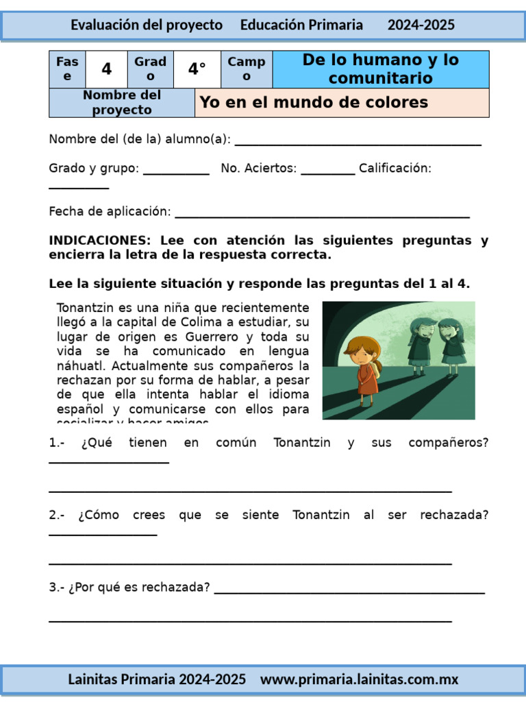 4to Grado Febrero - Examen 04 Yo en El Mundo de Colores (2024-2025 ...