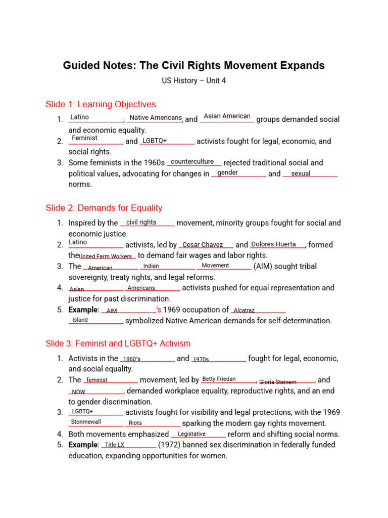 Guided Notes - The Civil Rights Movement Expands and Graphic Organizer ...