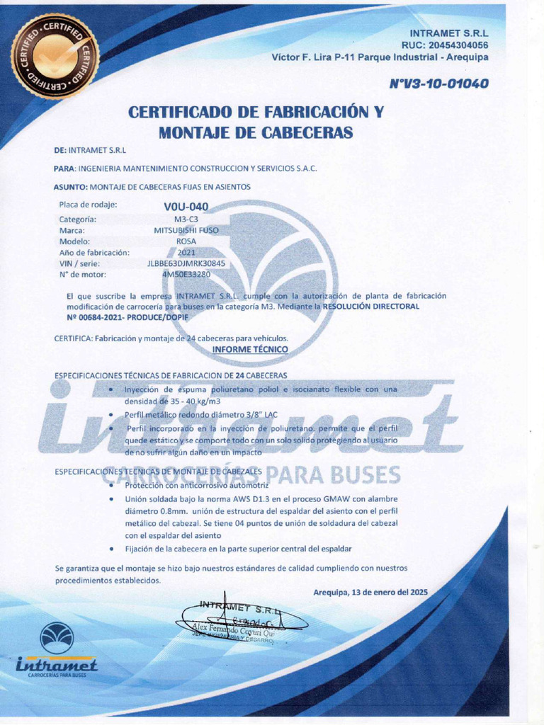 V0u-040 - Imco Servicios S.A.C. - Certificado de Cabeceras | PDF