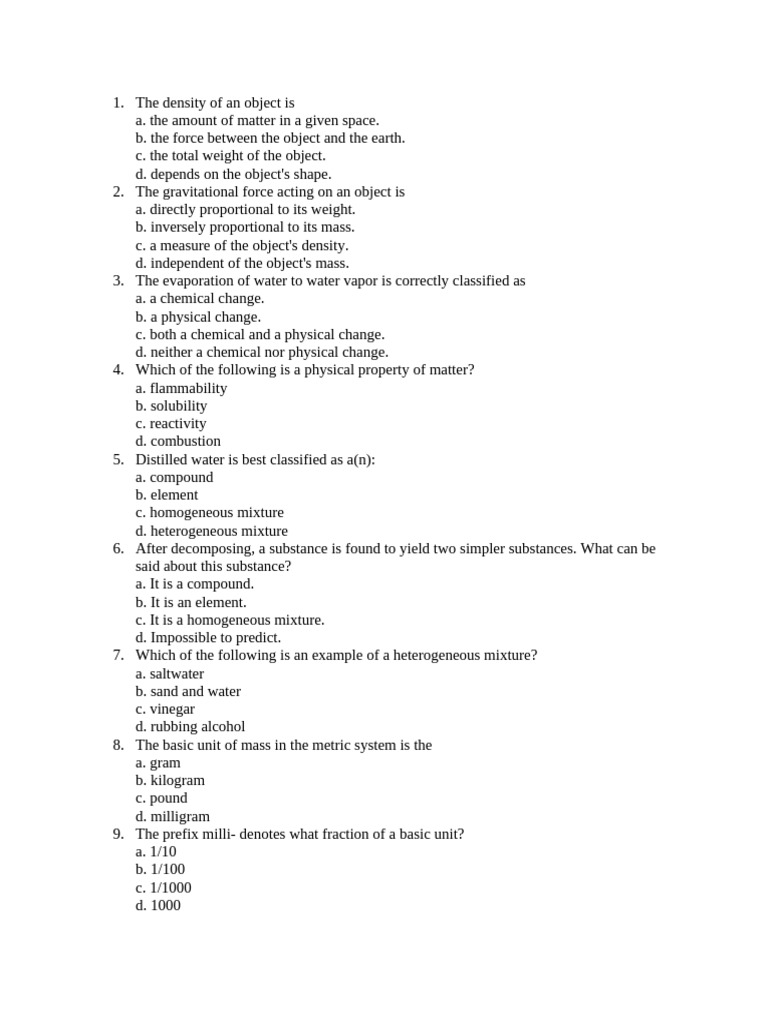 CHEM 105 Quiz 1 Practice | PDF | Litre | Density