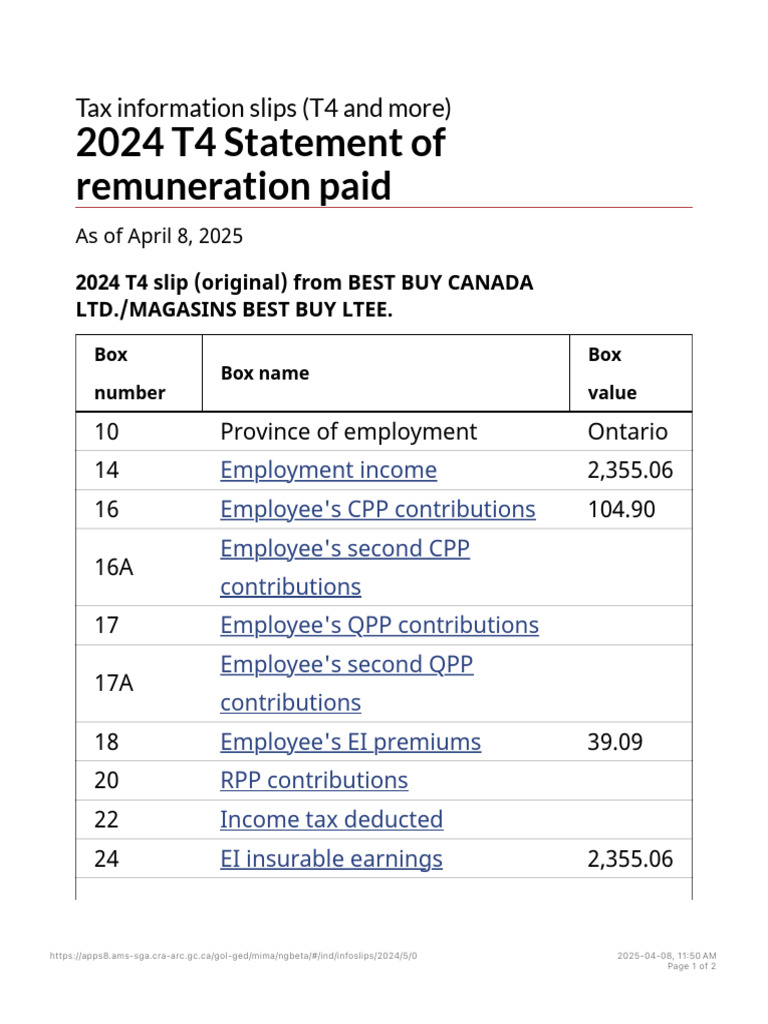 2024 T4 Slip from Best Buy Canada | PDF | Government Finances | Taxes