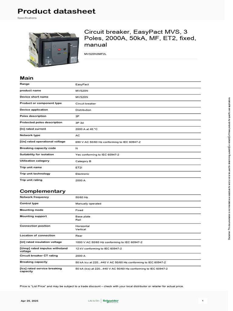 EasyPact MVS20N Circuit Breaker Specs | PDF | Alternating Current ...