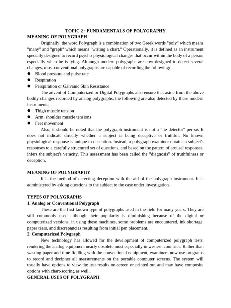 Topic 2 Fundamentals of Polygrahy PT.1 | PDF | Polygraph | Lie