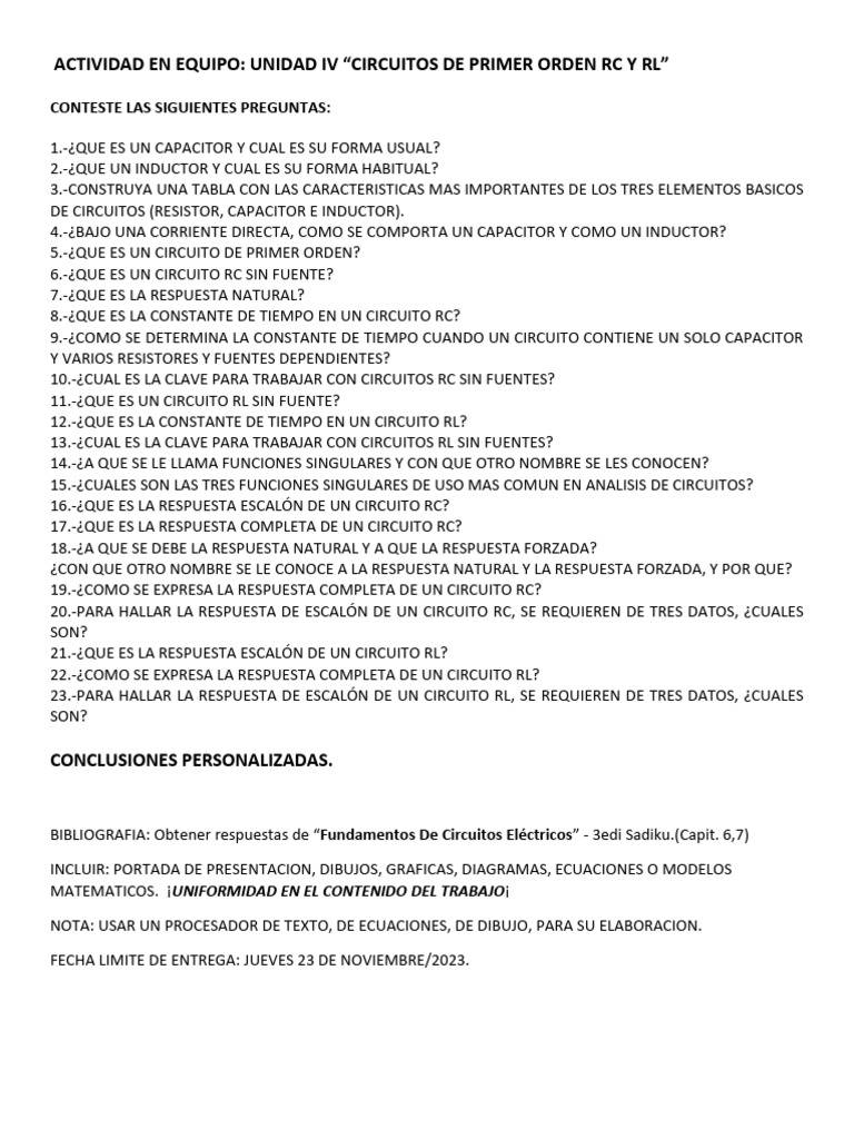 Cuestionario - Circuito RC y RL | PDF