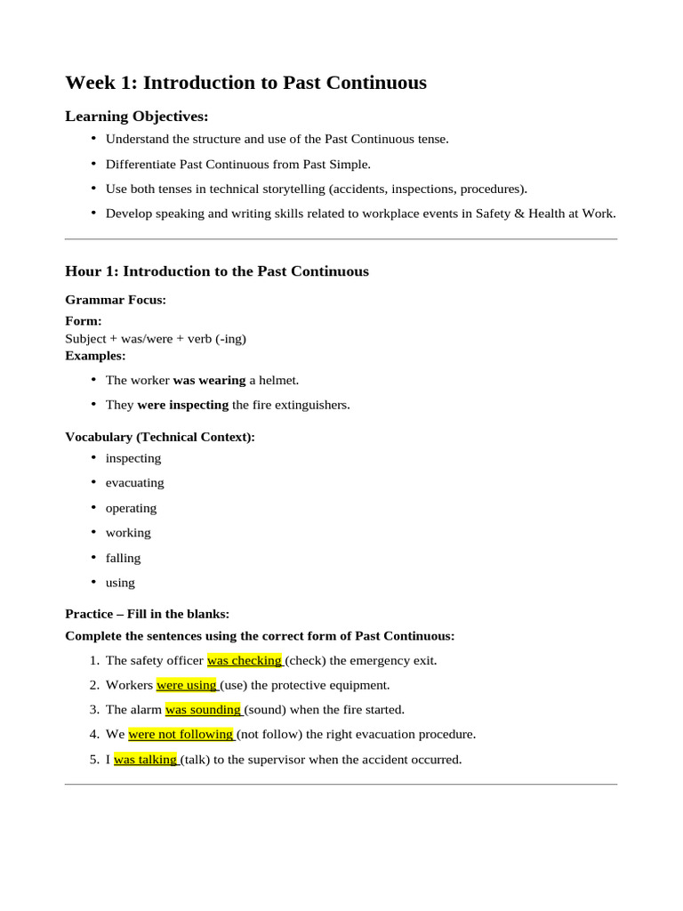Week 1 Introduction to Past Continuous | PDF | Personal Protective ...