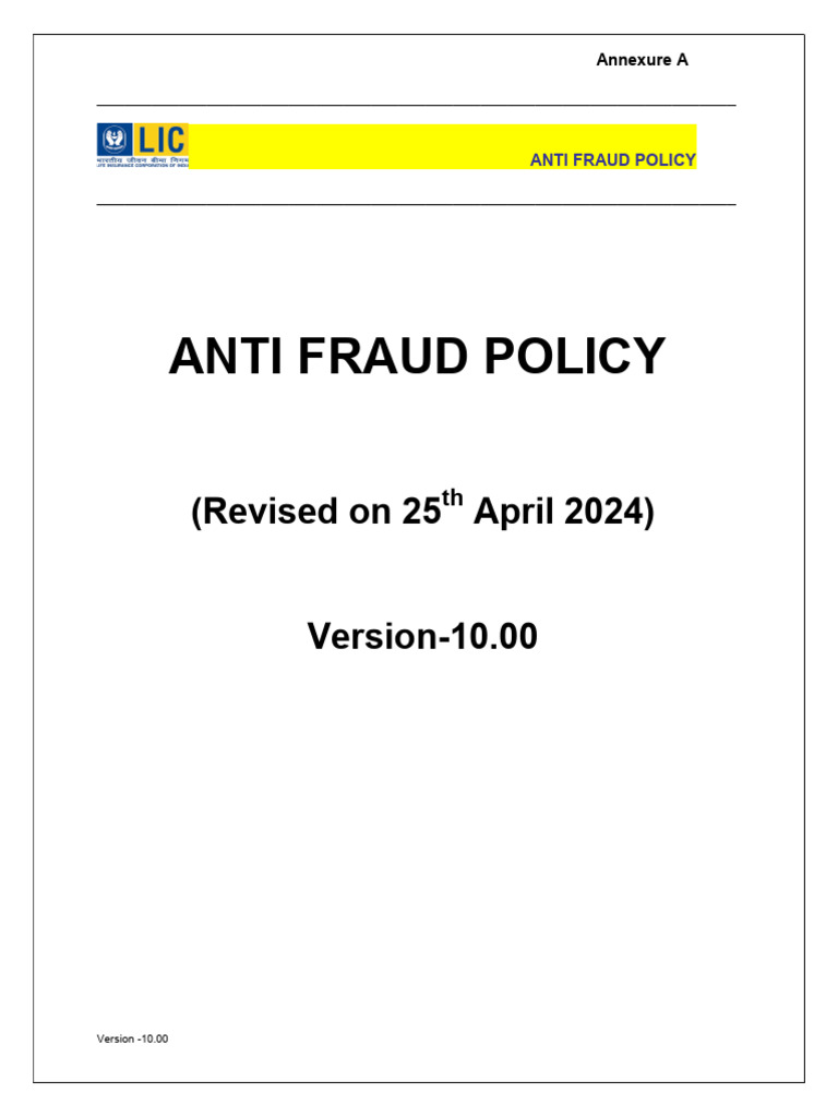 Anti Fraud Policy-Reviserd On 25th APRIL 2024 | PDF | Insurance | Fraud