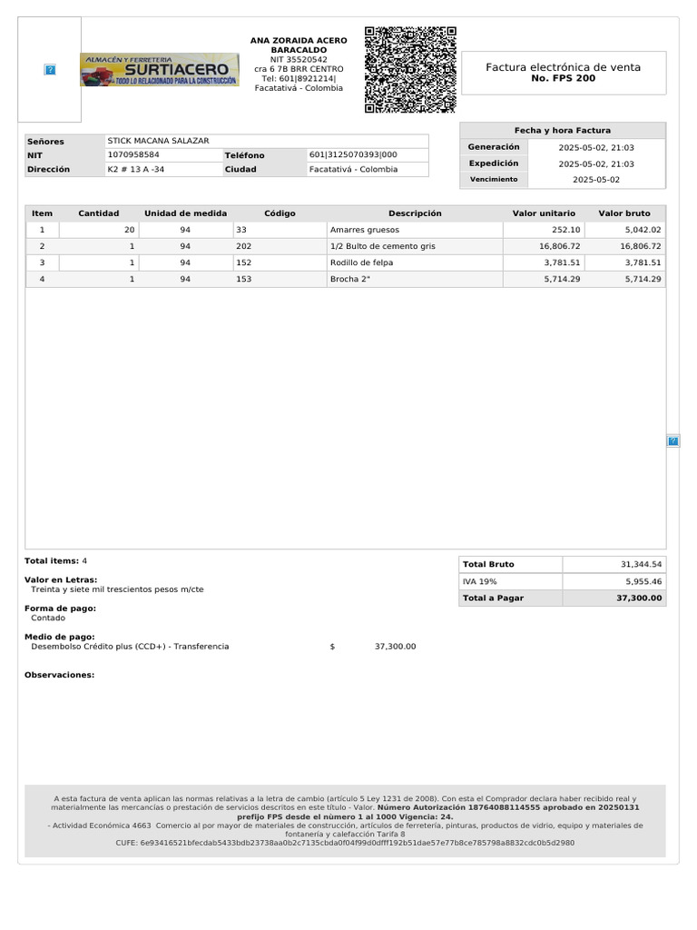 Factura Electrónica de Venta: No. FPS 200 | PDF