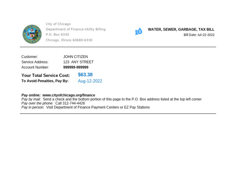 Water, Sewer, Garbage, Tax Bill City of Chicago | PDF