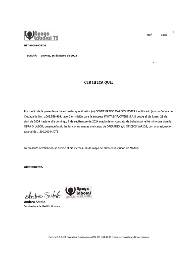 Certificación Laboral de Conde Prado | PDF