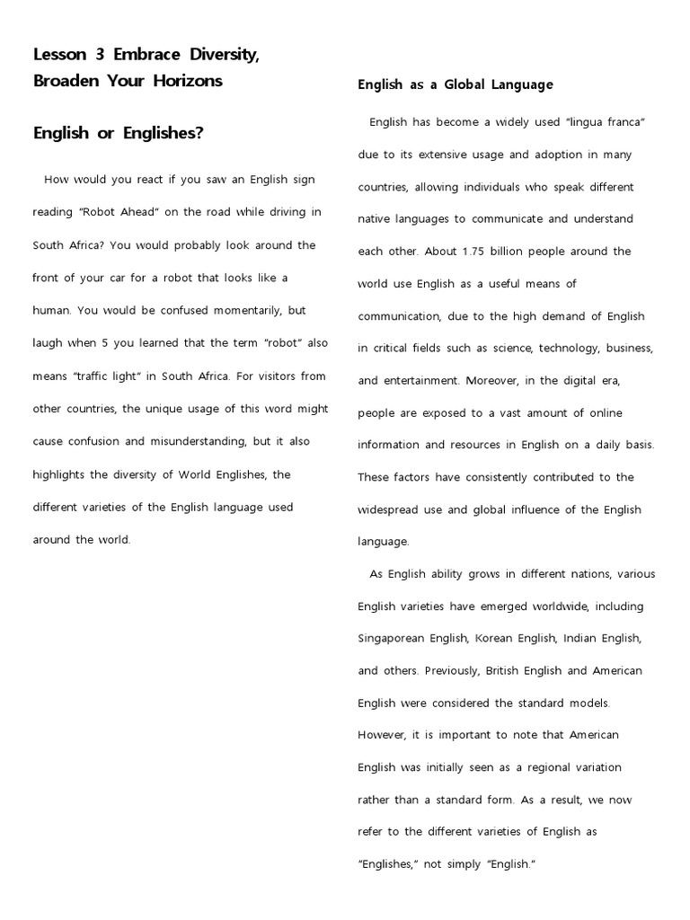 Lesson 3 Embrace Diversity | PDF | English Language | Korean Language