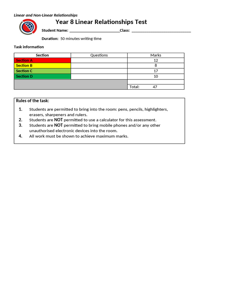 Year 8 Linear Equations PrePost Test | PDF | Cartesian Coordinate ...