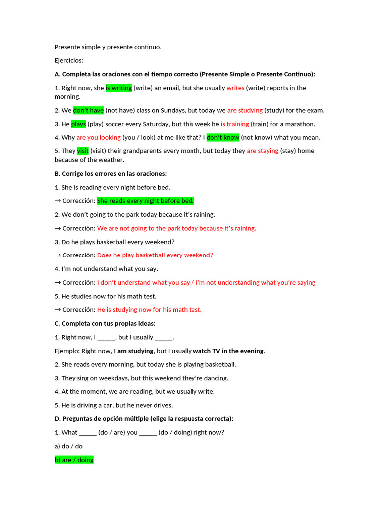 Presente simple y presente continuo. Mixed ejercicios | PDF