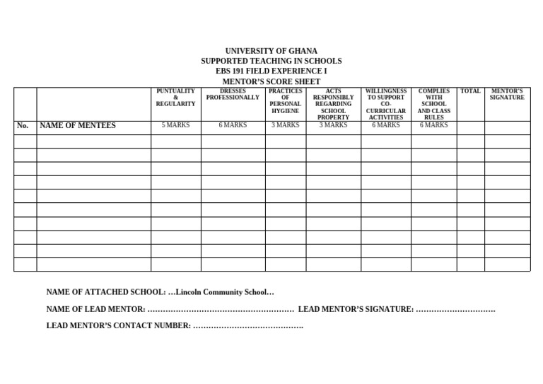 STS - Supervisors Score Sheet - For Mentors (Y1) | PDF
