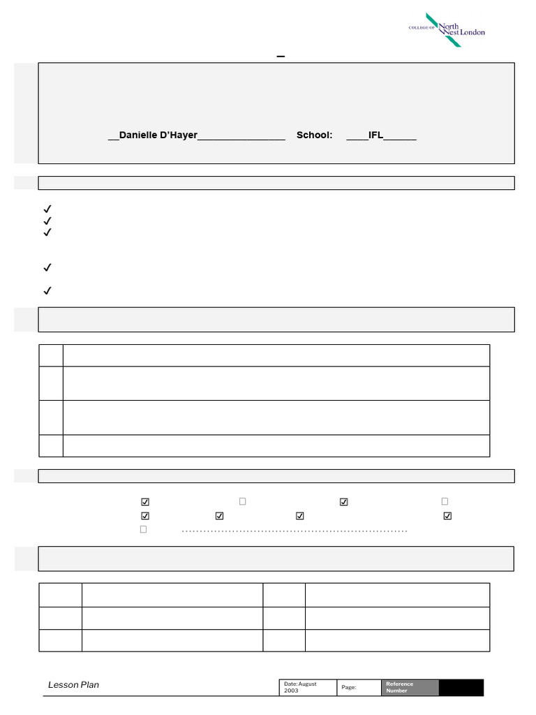 LESSON PLAN Inspection - Danielle D'Hayer | PDF | Lesson Plan ...