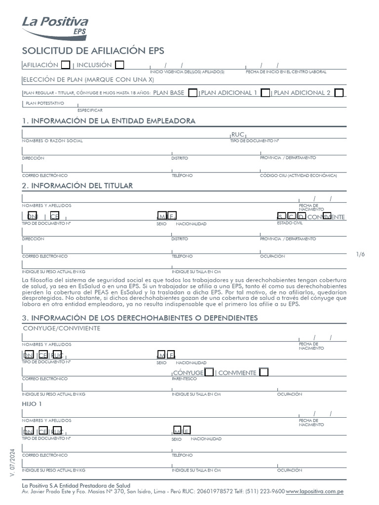 Solicitud de Afiliación EPS (La Positiva EPS) | PDF | Póliza de seguros | Seguro