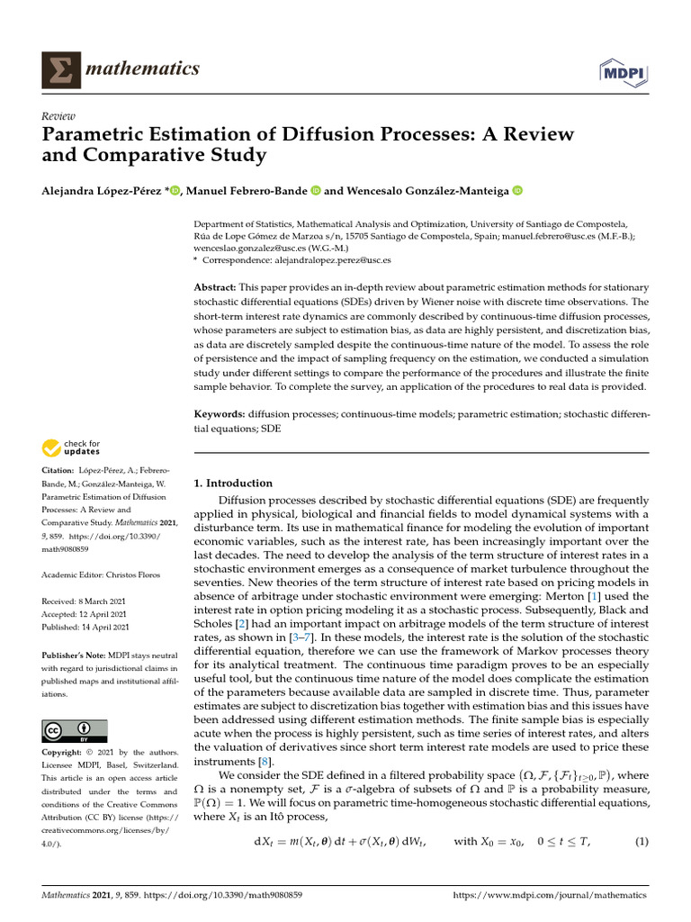 Parametric Estimation of Diffusion Processes (A Review) (Alejandra López-Pérez Et Al., 2021 ...