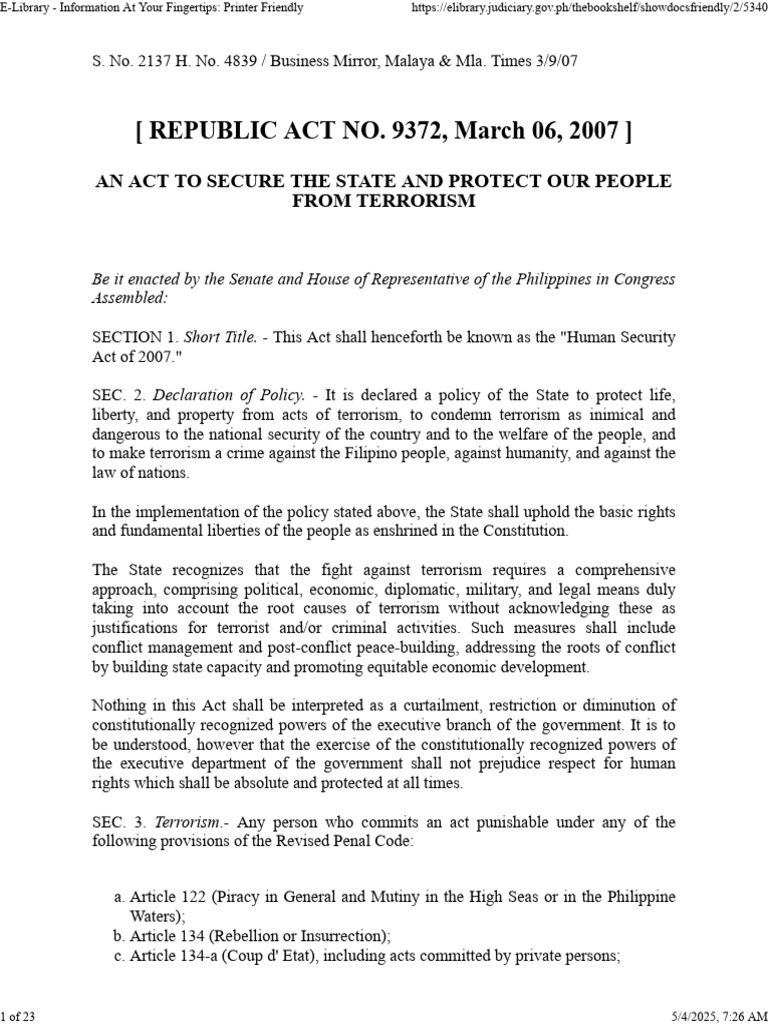 Human Security Act of 2007 (R.a. No. 9372) | PDF | Detention (Imprisonment) | Arrest