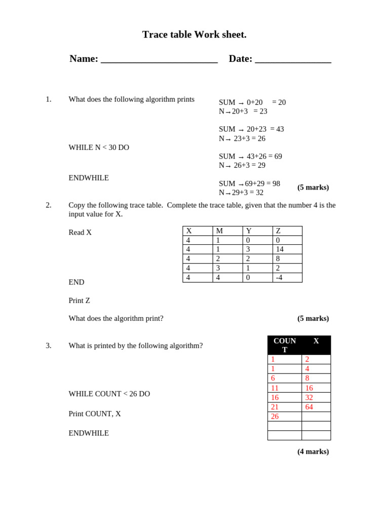 Trace Table Exercises and Solutions | PDF | Algorithms | Algorithms And ...