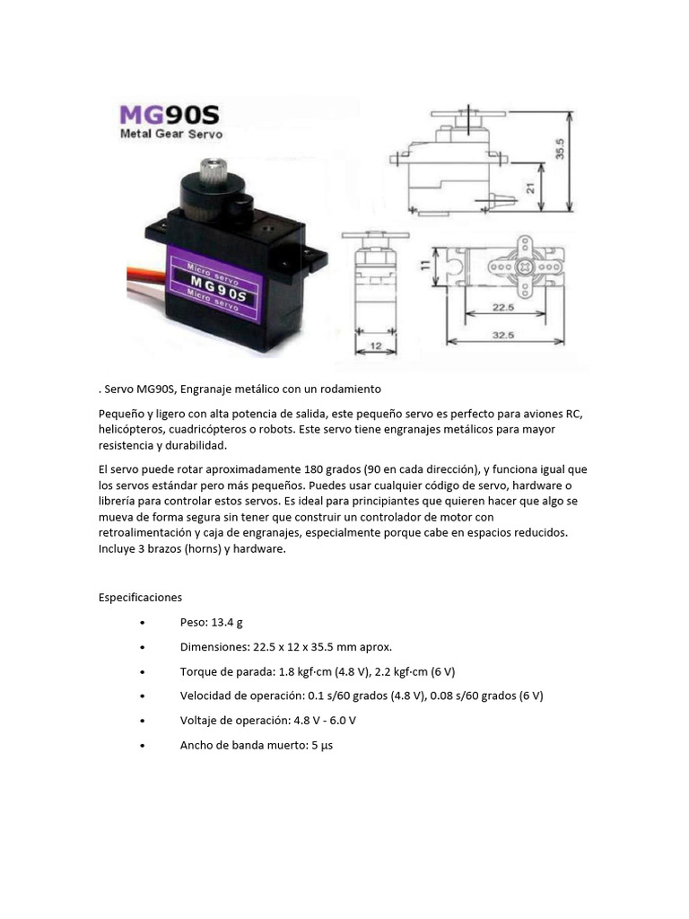 Servo MG90S: Especificaciones y Usos | PDF