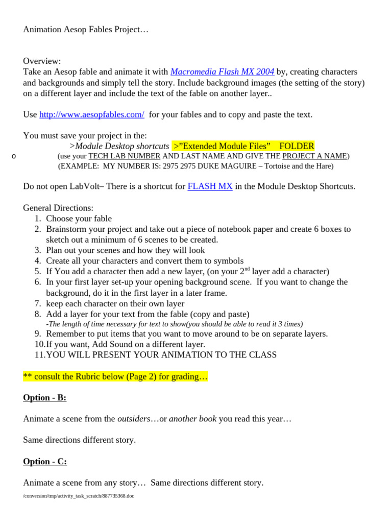 Animation Fable Project and Rubric | PDF | Fable