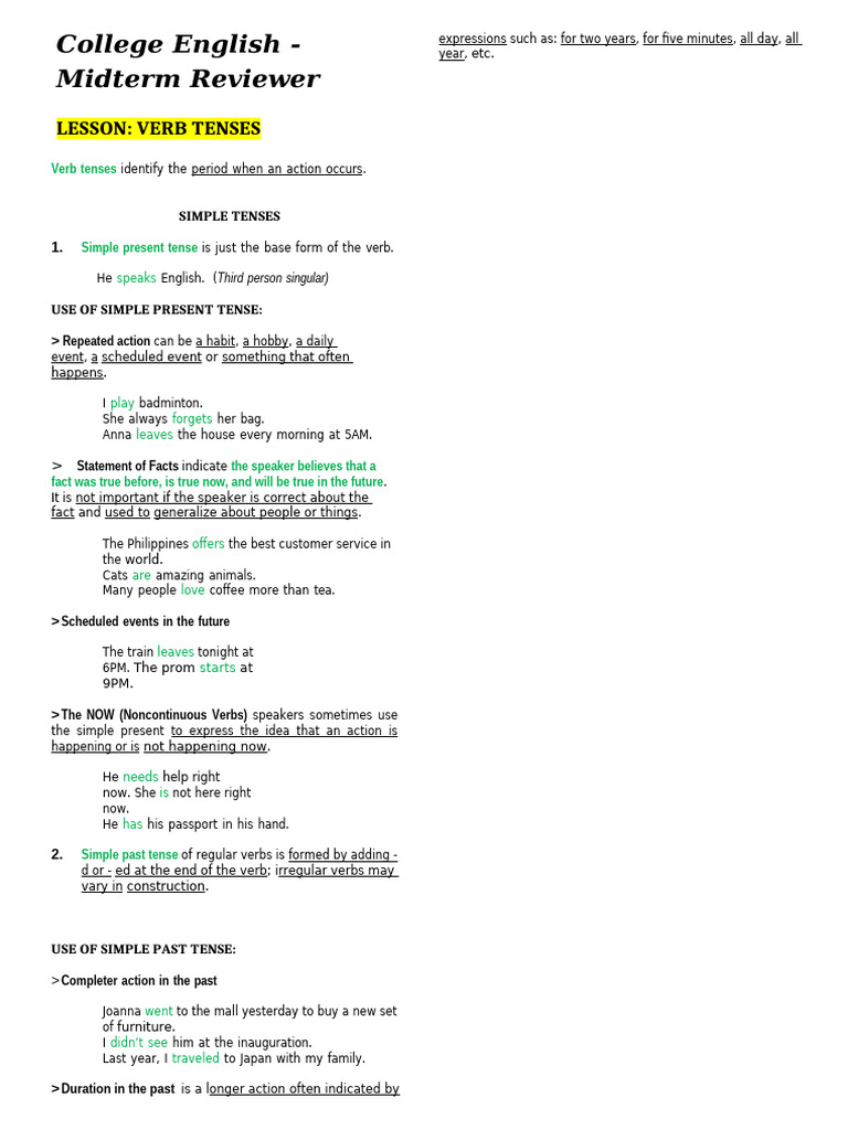 College English MIDTERM REV | PDF | Perfect (Grammar) | Grammatical Tense