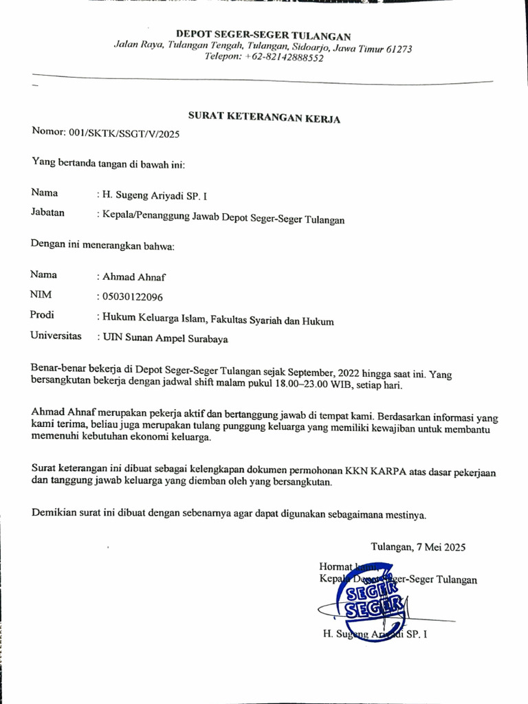Surat Kerja Dan Permohonan Ahmad Ahnaf | PDF