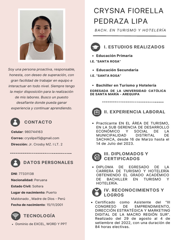 CV Crysna Pedraza | PDF | Turismo | Perú