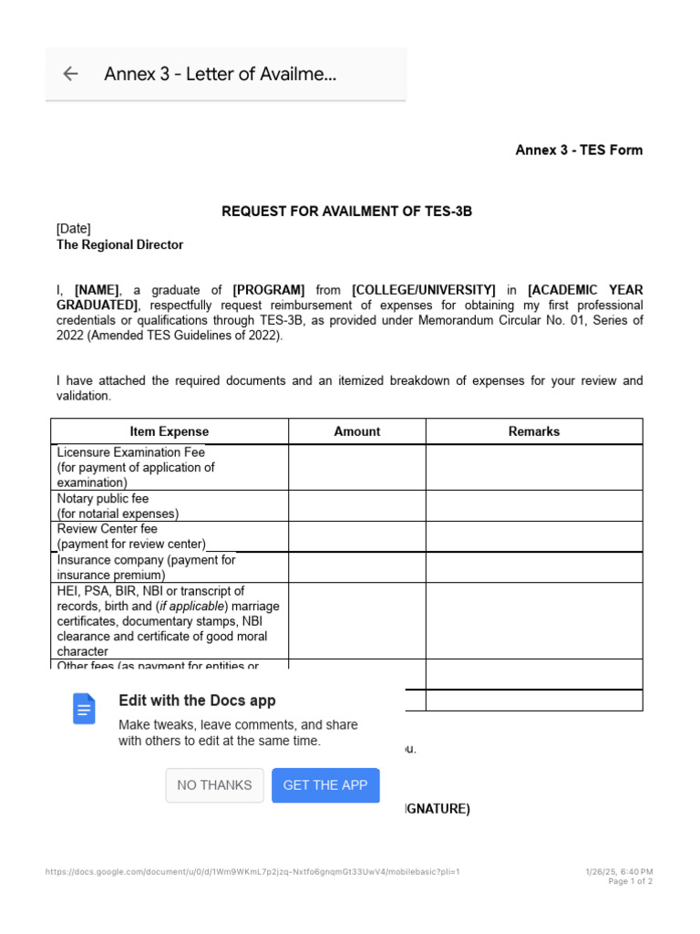 Annex 3 - Letter of Availment For TES-3B and Documentcschecklist | PDF
