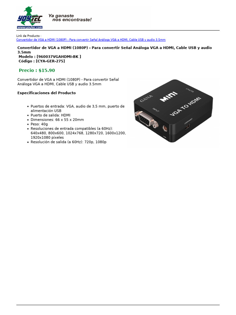 Yoytec Computer S.A.-Hoja de Caracteristicas-Convertidor de VGA A HDMI ...