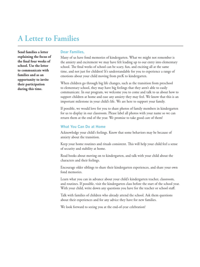 TG - Getting Ready For Kindergarten Letter To Families | PDF | Feeling ...