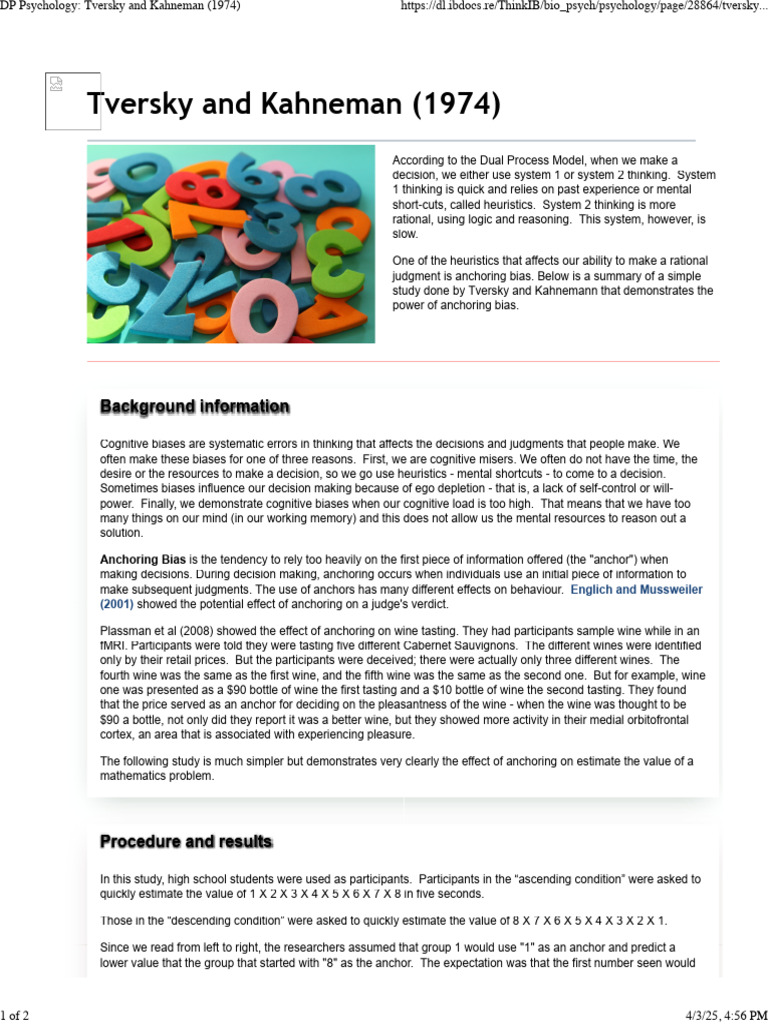 DP Psychology - Tversky and Kahneman (1974) | PDF | Heuristic | Mental ...