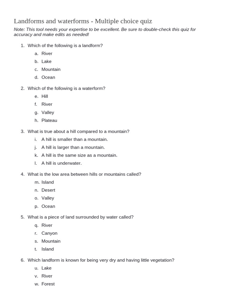 Landforms and waterforms - Multiple choice quiz | PDF | Mountains | Valley