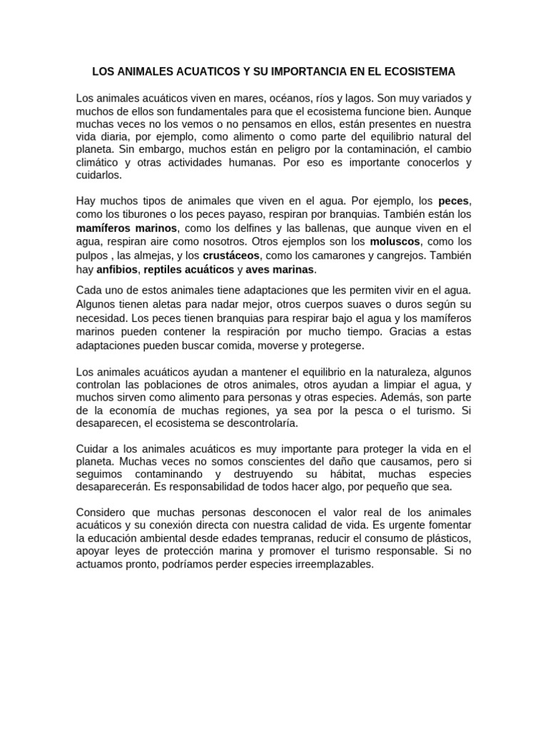 Los Animales Acuaticos y Su Importancia en El Ecosistema | PDF