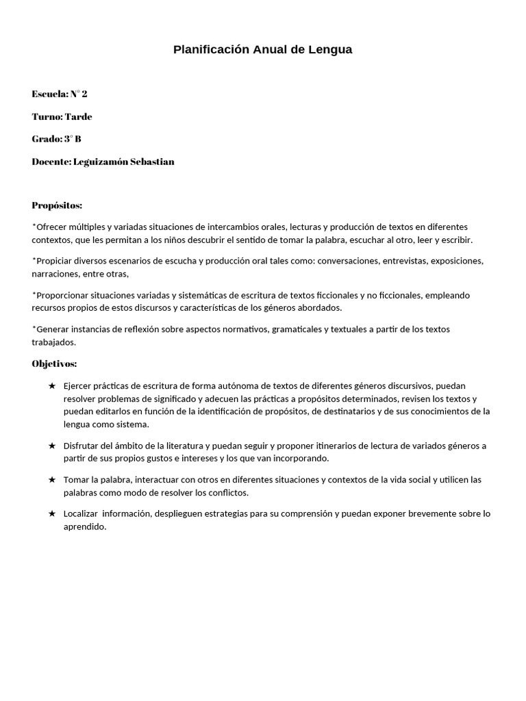 Planificación Anual Lengua 3° B Tarde | PDF | Escritura | Poesía