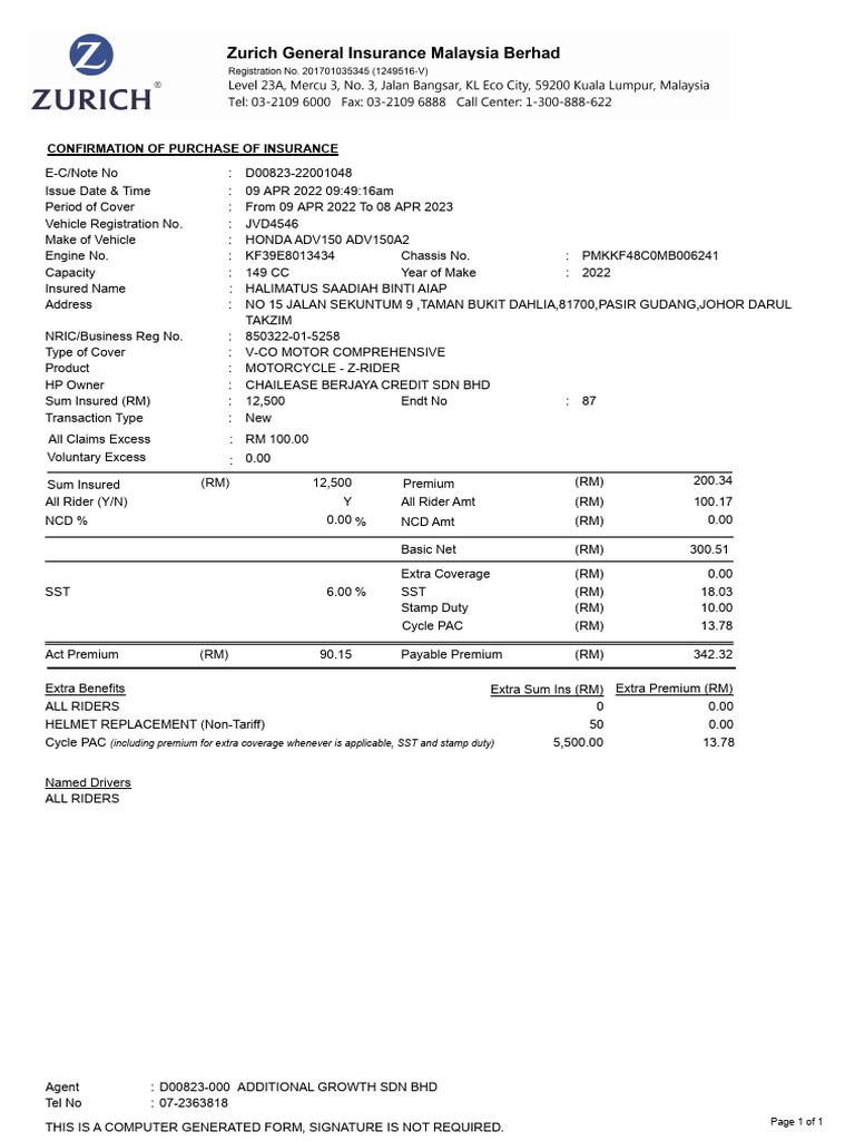 Confirmation of Purchase of Insurance: (Including Premium For Extra ...