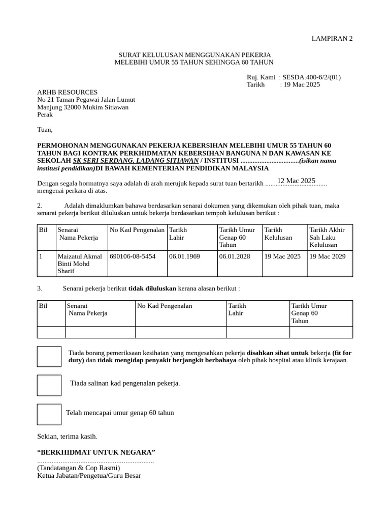 Permohonan Surat Kelulusan Melebihi Umur 55 Tahun Kebersihan ...
