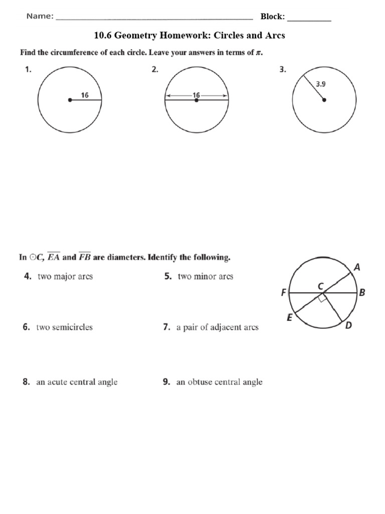 10.6 and 10.7 Geometry Homework Circles and Arcs 1 | PDF
