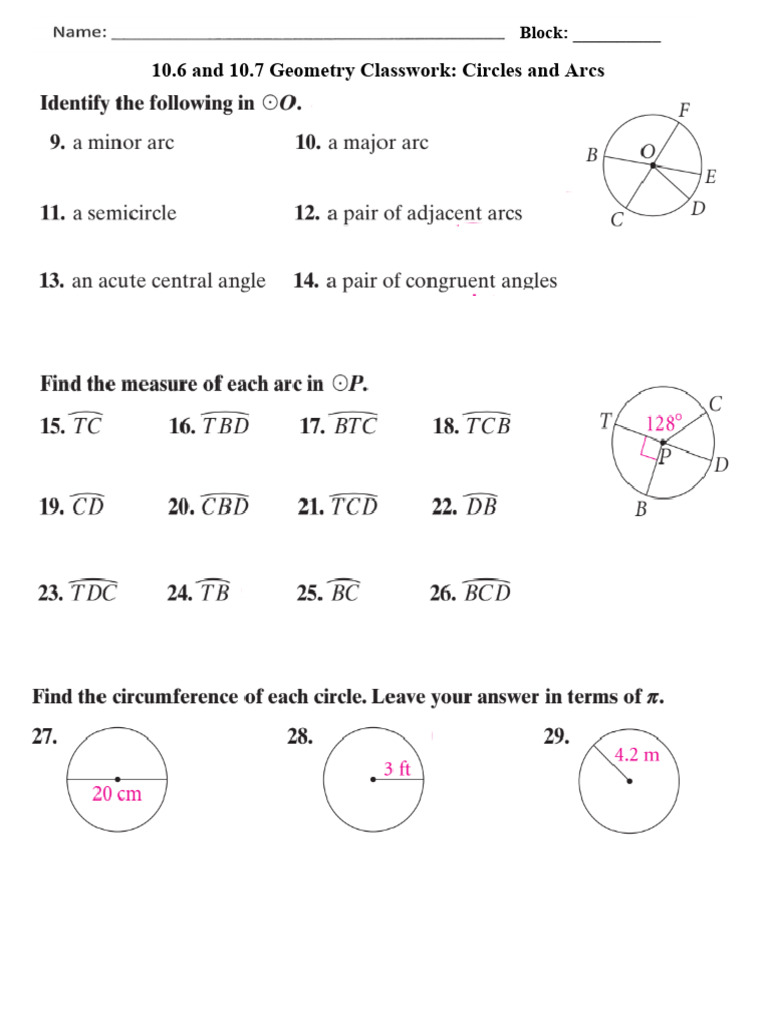 10.6 and 10.7 Geometry Classwork Circles and Arcs 1 | PDF