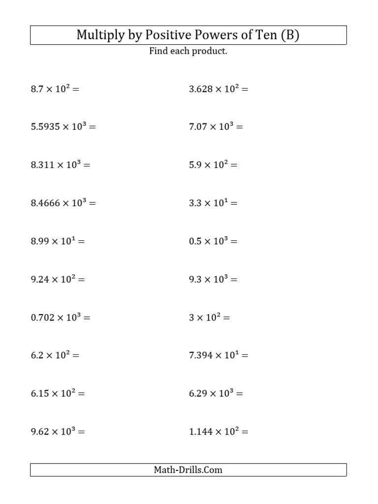 Powers of Ten Worksheet - Multiplying Decimals by Positive Powers of ...