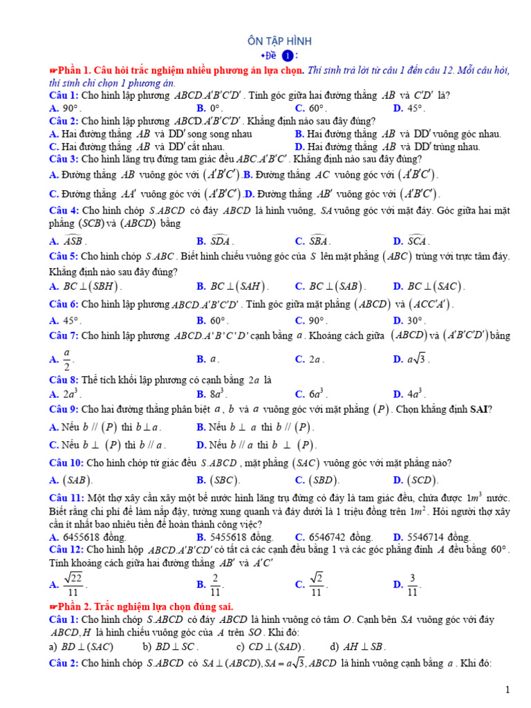 TOÁN 11- ÔN TẬP HKII- PHẦN HÌNH HỌC | PDF