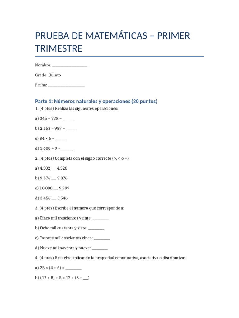 Prueba Matematicas 5to Primer Trimestre | PDF