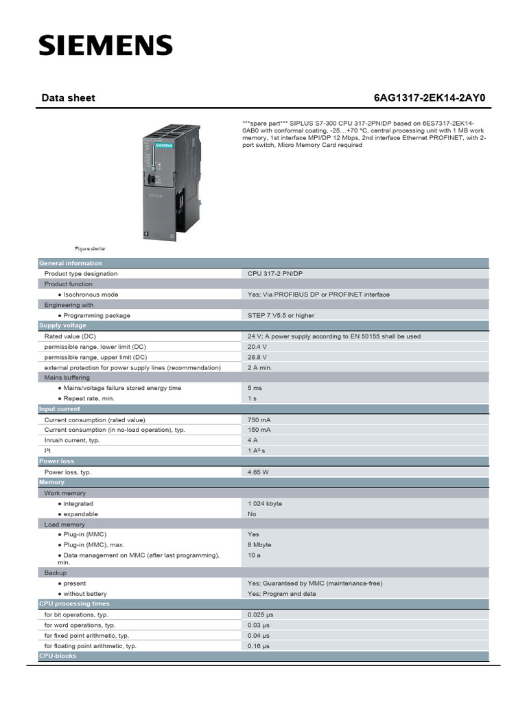 Siemens SIPLUS S7-300 CPU 317 Data Sheet | PDF | Computer Networking ...