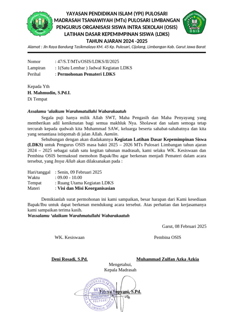 Surat Permohonan Pemateri LDKS | PDF