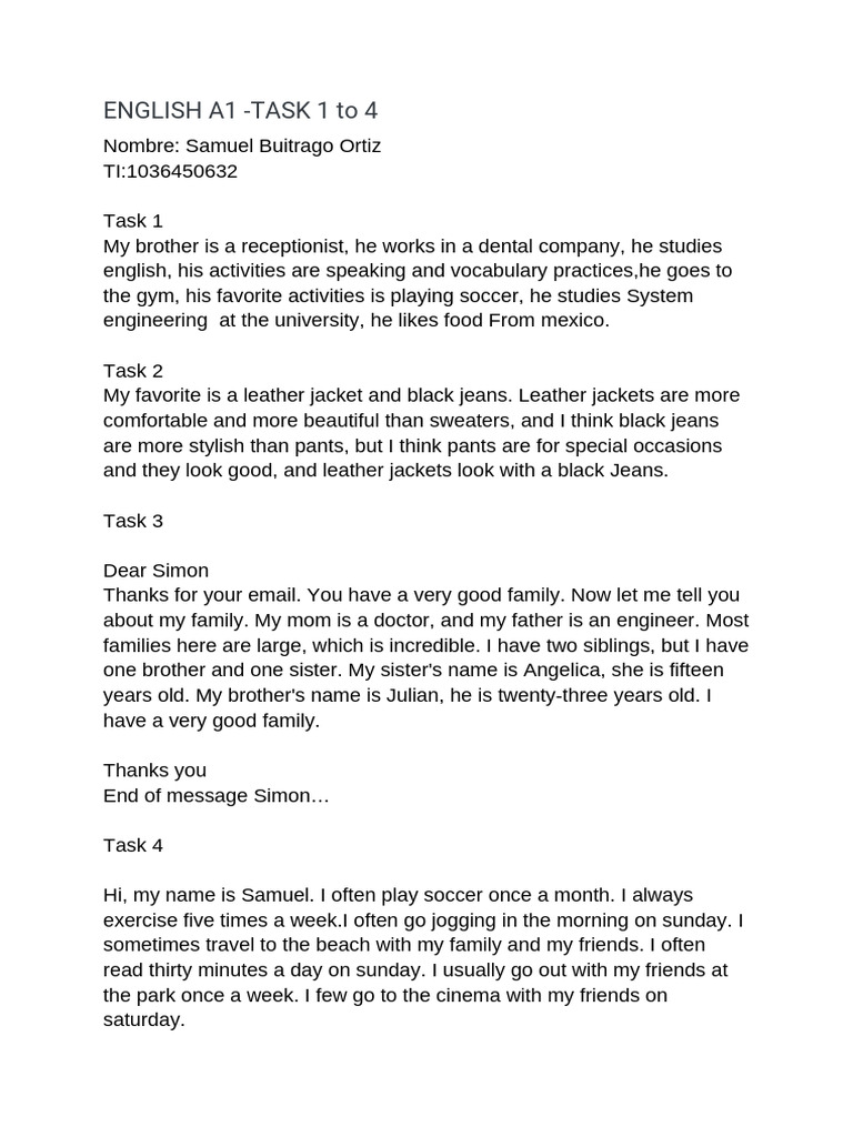 ENGLISH A1 - TASK 1 To 4 | PDF