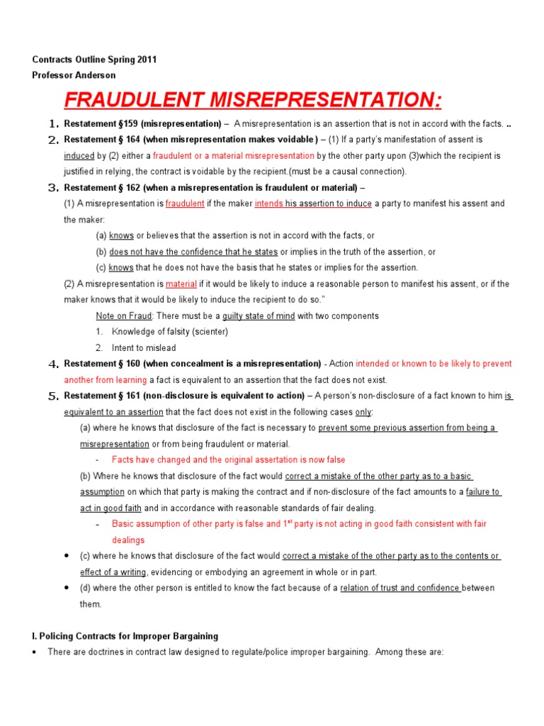 Contracts Spring Outline Pdf Misrepresentation Fraud