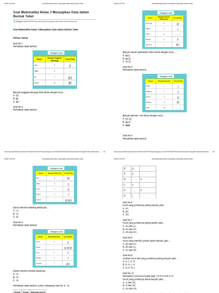 Soal Matematika Kelas 3: Tabel Data | PDF