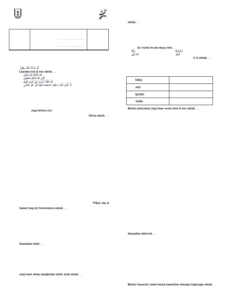 Soal PSAJ PAI-BP 2024 2025 | PDF