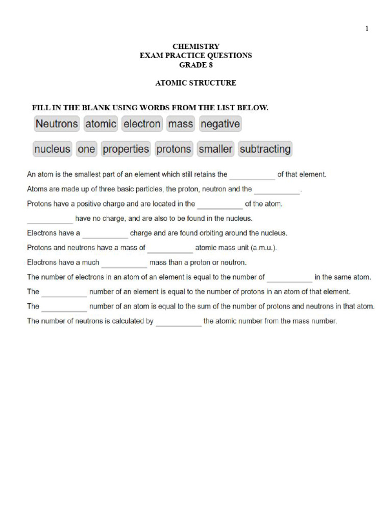 Chemistry Grade 8 - Practice Questions | PDF