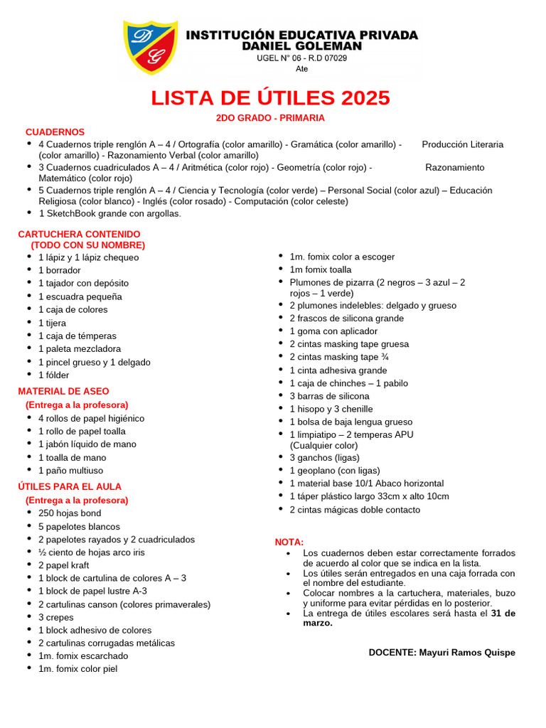 LISTA DE ÚTILES 2025 2do Grado | PDF | Color | Visión