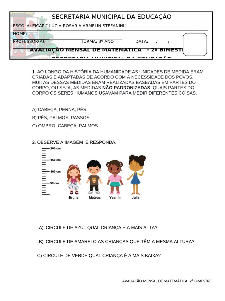 Avaliação De Matemática Adaptada 2 º Bimestre Pdf